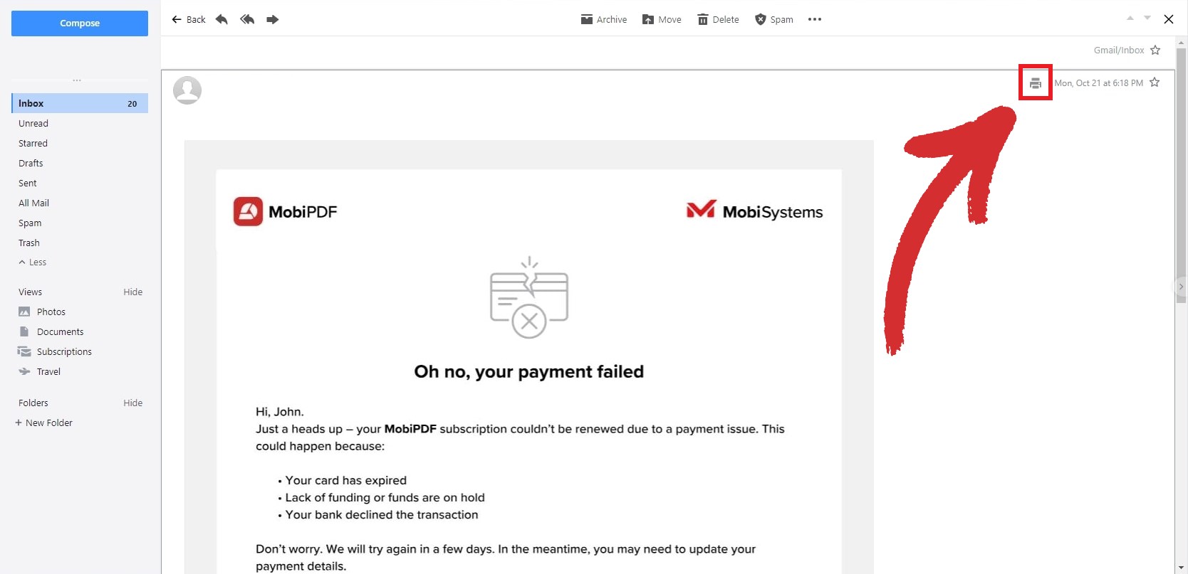 Een e-mail opslaan als PDF